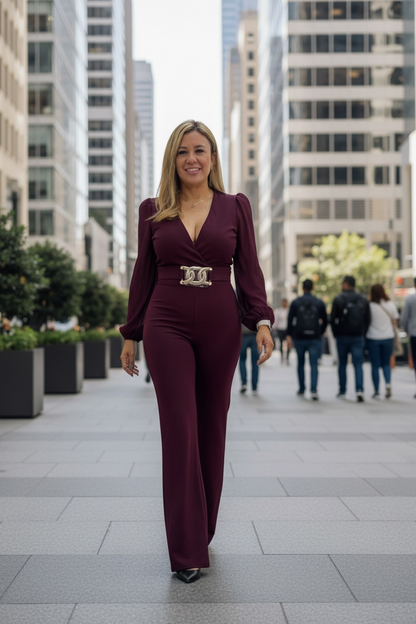 Jumpsuit Color Uva de Manga Larga con Hebilla Dorada – Lady Fashion